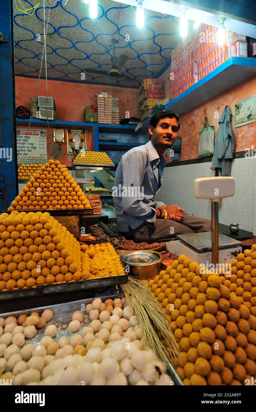 A shop selling laddu, a typical Indian sweet popular around Hindu ...