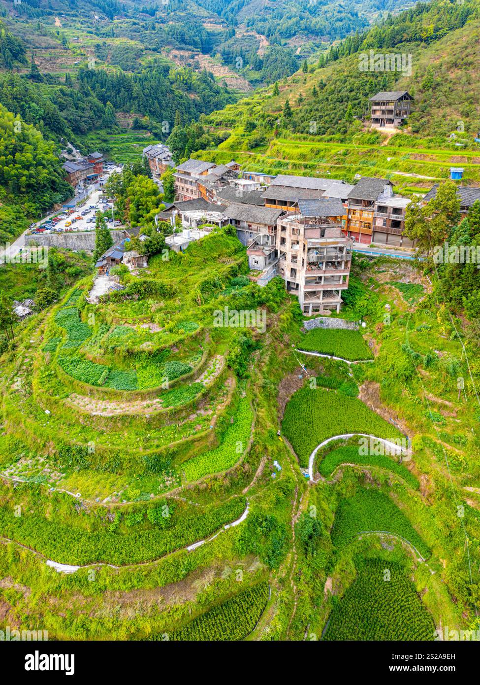 Aerial view of a paddy fields and the Zhaoxing Dong Village in Liping ...