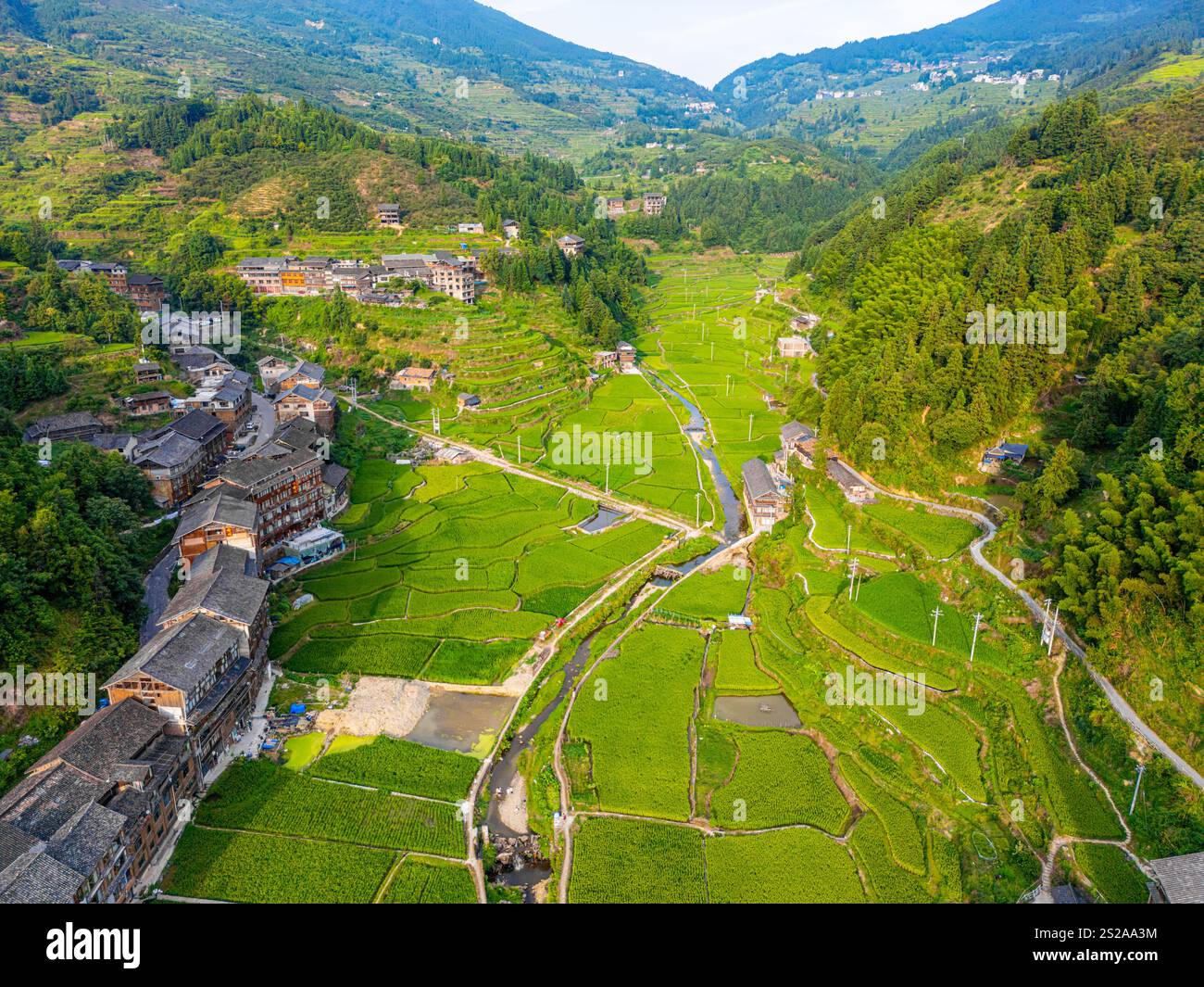 Aerial of the drum tower at Zhaoxing Dong Village in Liping County ...