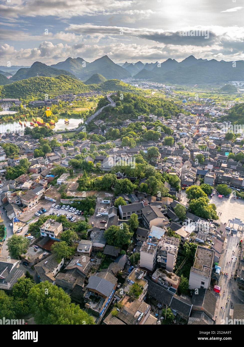 Qingyan Ancient Town, Guizhou province, China from the drone, vertical ...