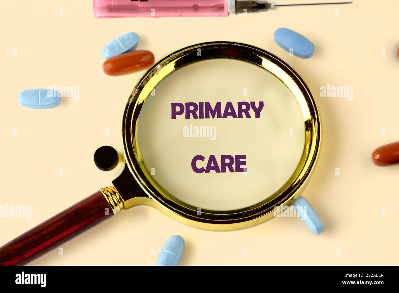 The concept of primary care is highlighted using a magnifying glass ...