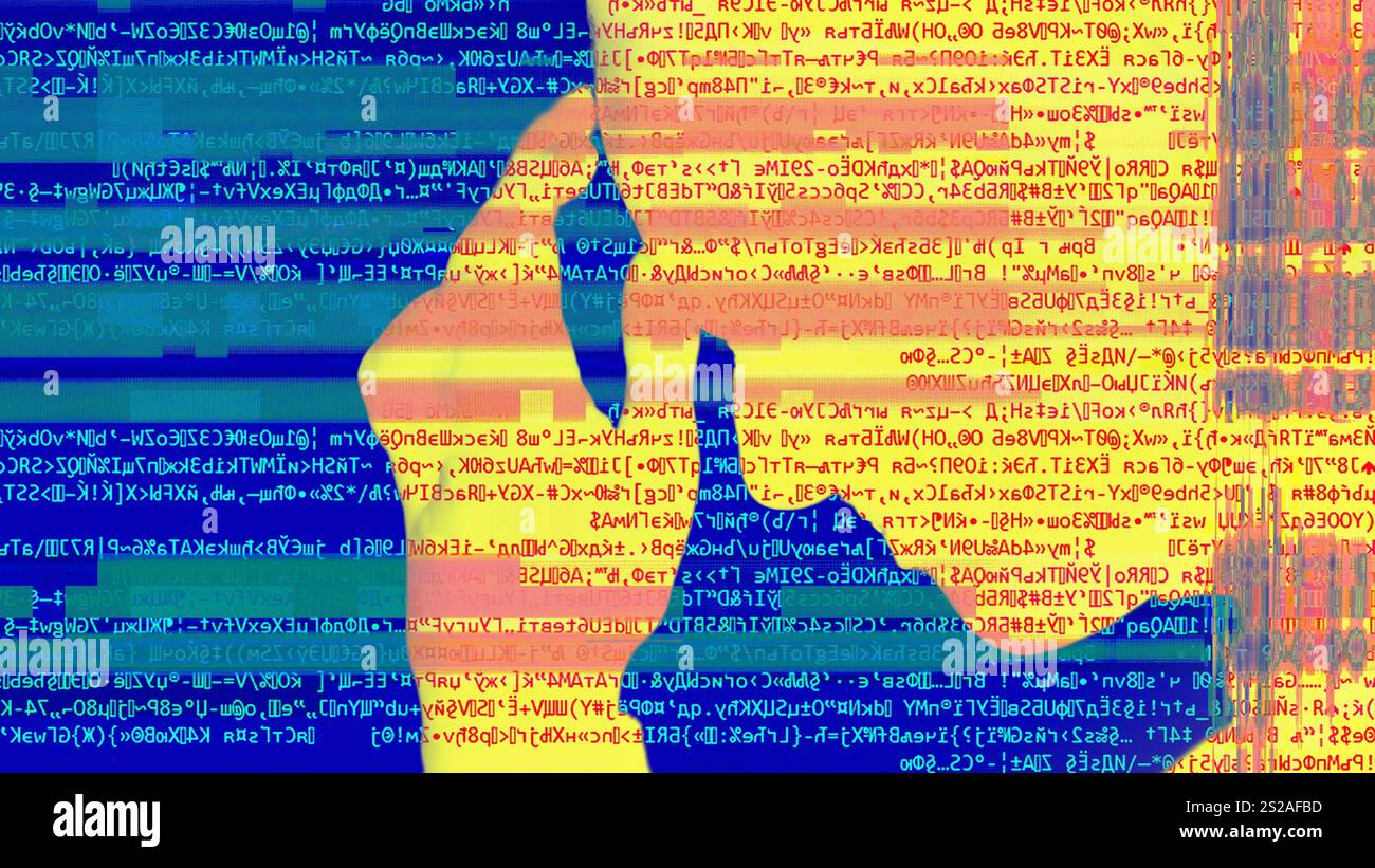 Digital stress. Emotional glitch. Colorful distortion encryption in ...