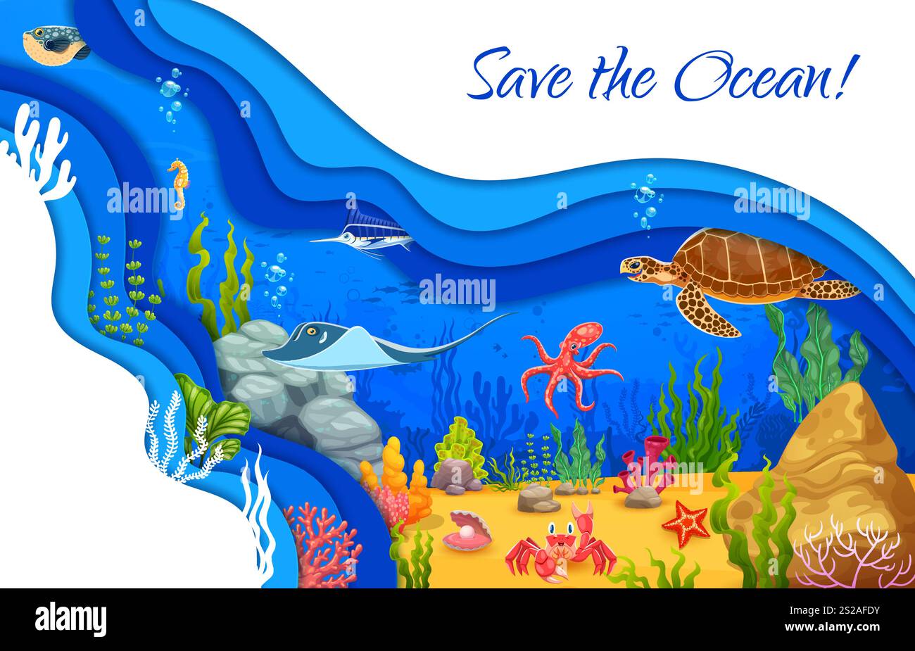 Save the ocean paper cut poster. Aquatic wildlife, ecology protection ...