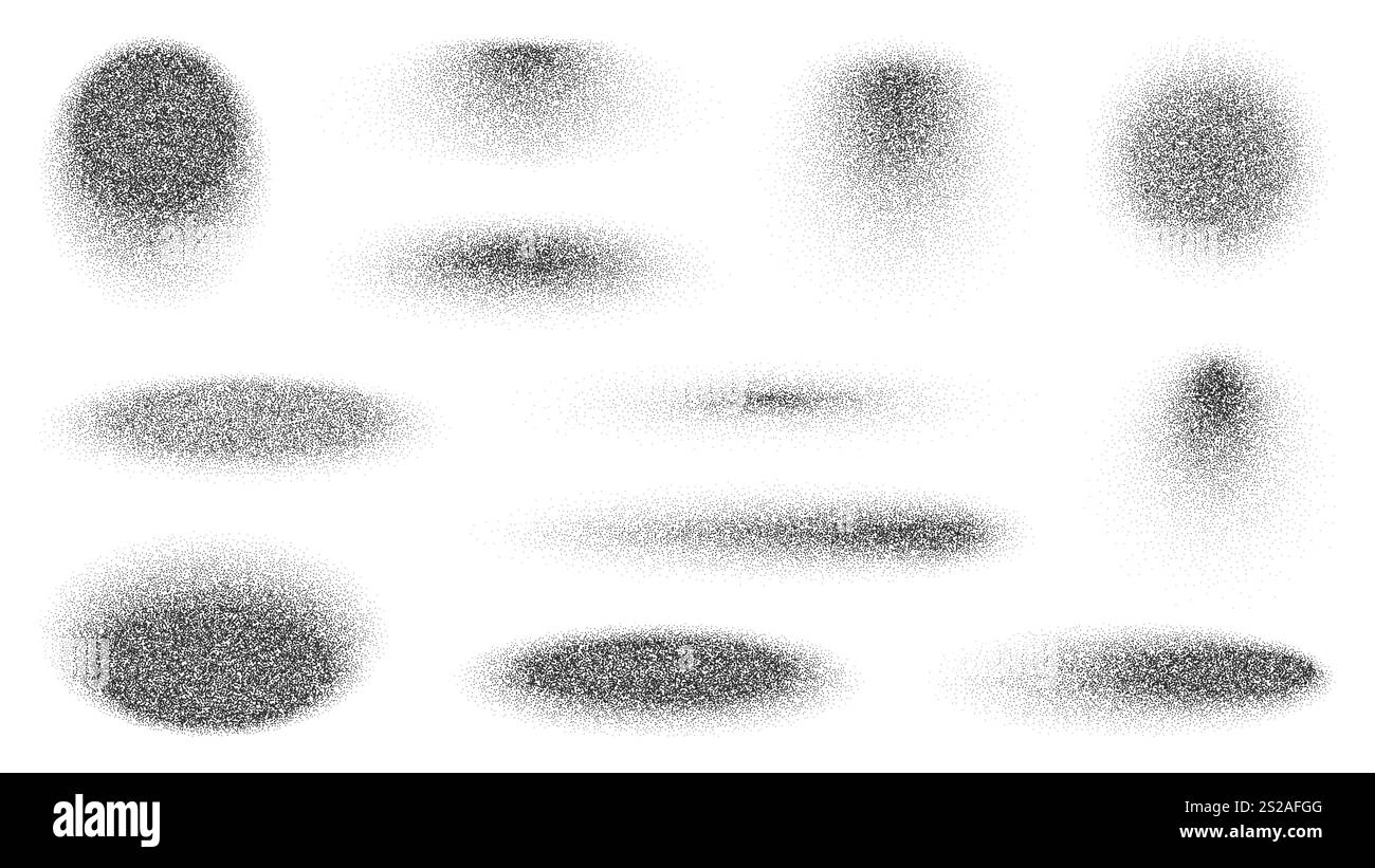 Circle and oval spray noise grain figures. Vector black white dot ...