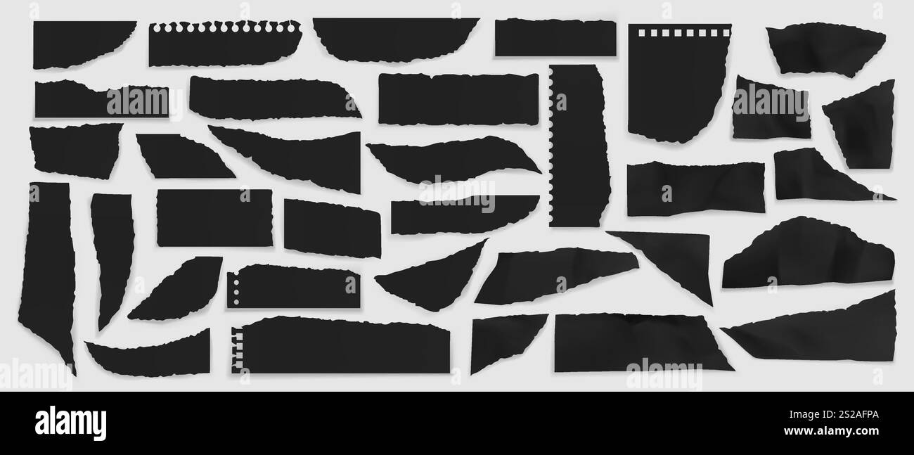 Black torn paper texture, rip tear pieces, scraps and strips. Vector ...