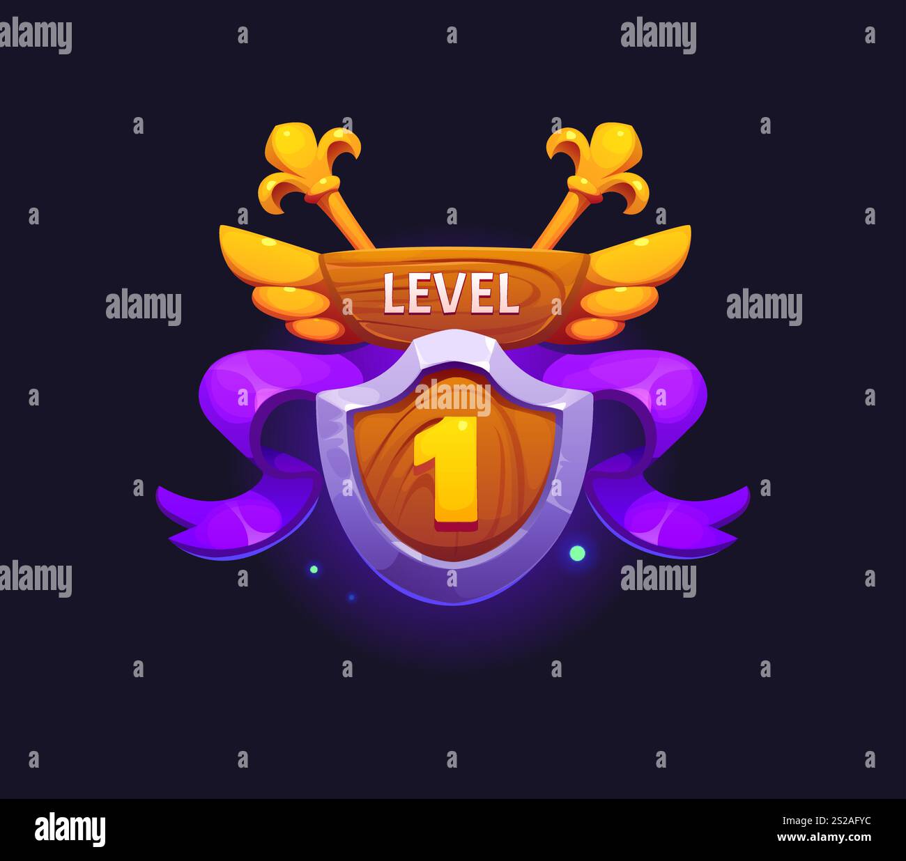 Game level up badge icon, victory rank shield. Arcade victory screen ...