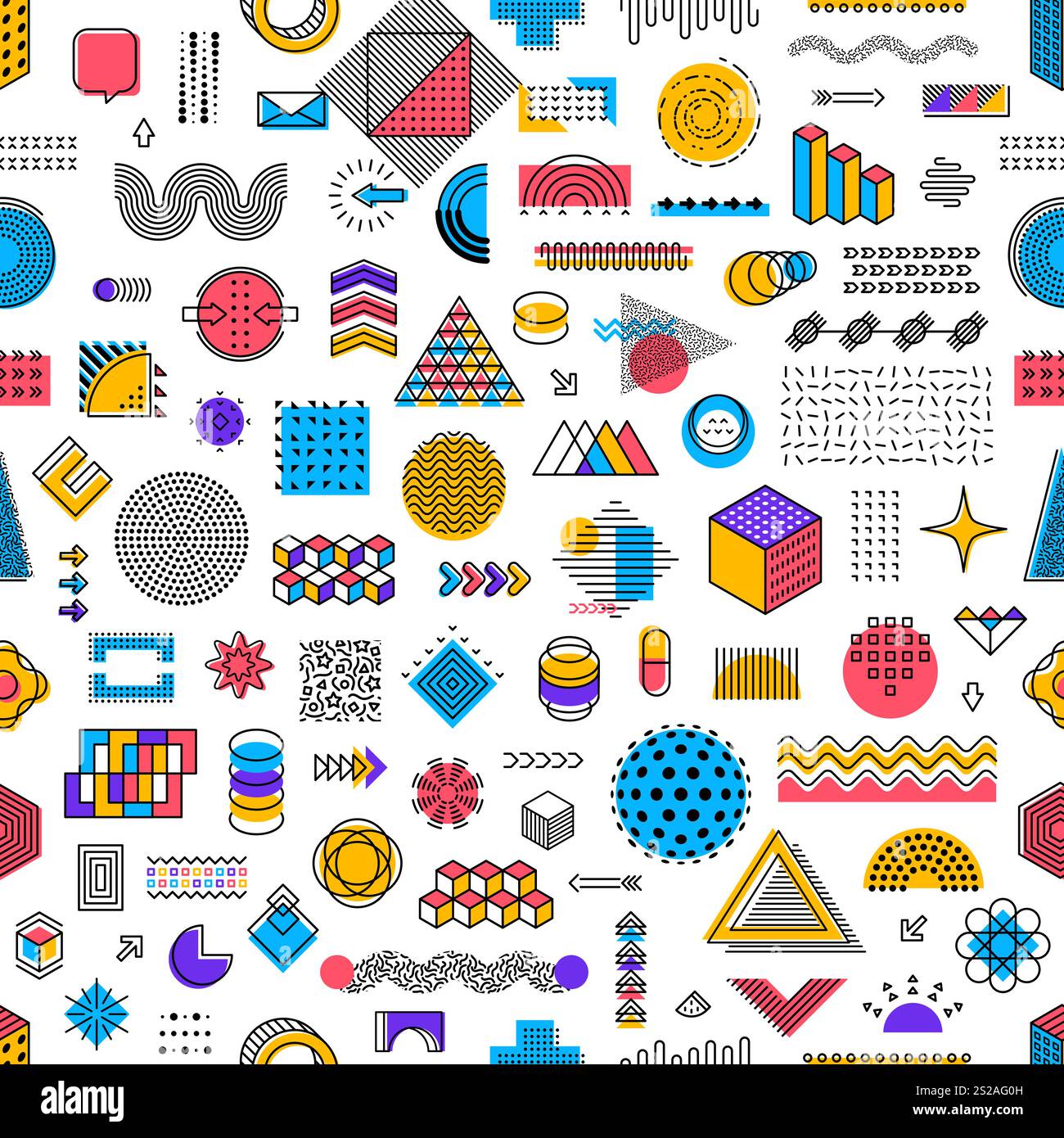 Geometric modern Memphis element shapes in seamless pattern, vector background. Memphis pattern ...