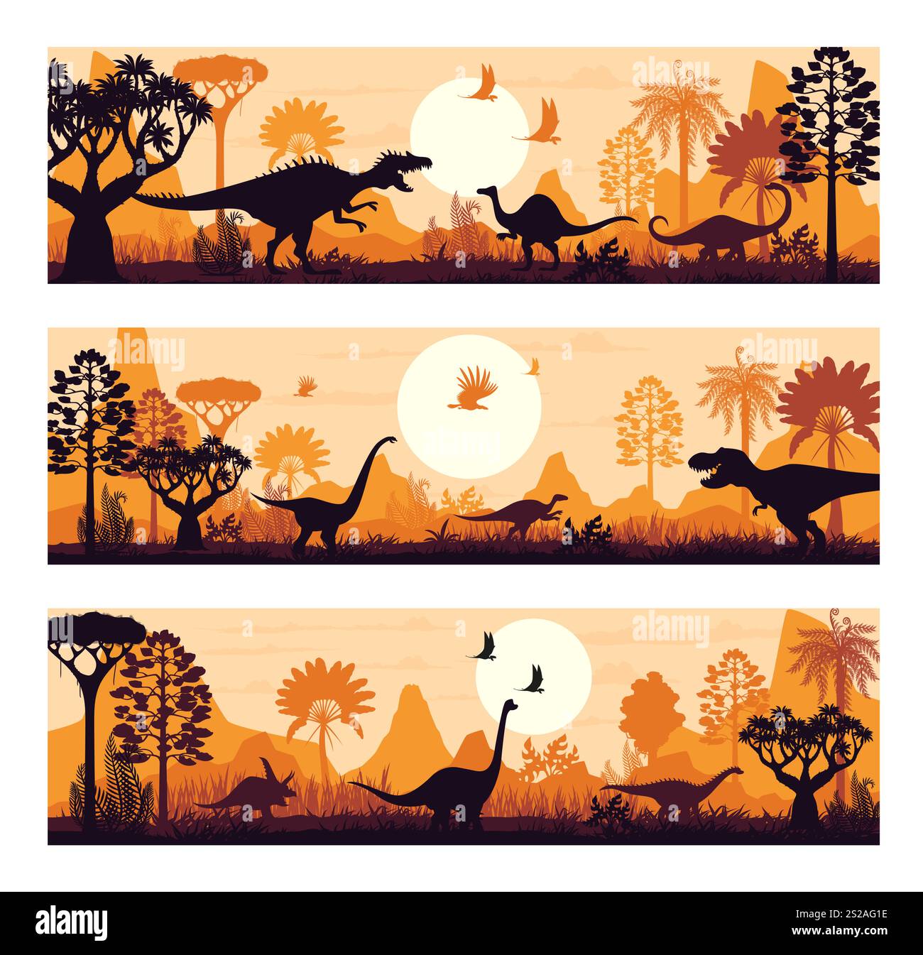 Tropical forest sunset with prehistoric dinosaurs silhouettes, vector ...