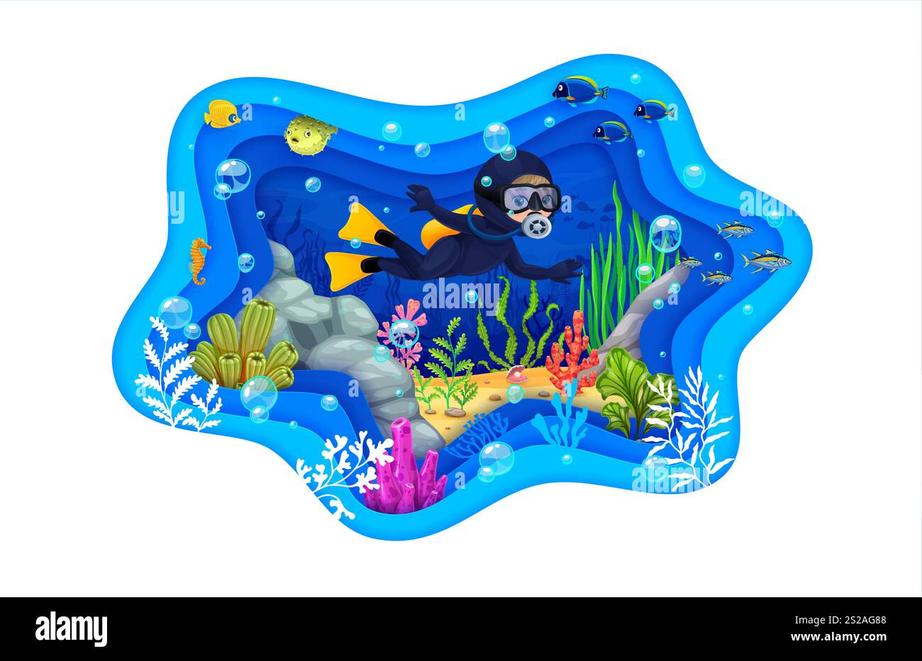 Young diver and paper cut underwater landscape. Cartoon vector ...