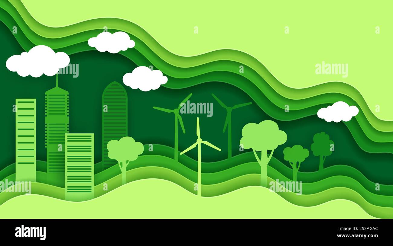 Paper cut eco city banner with vector 3d wavy layered borders. Green ...