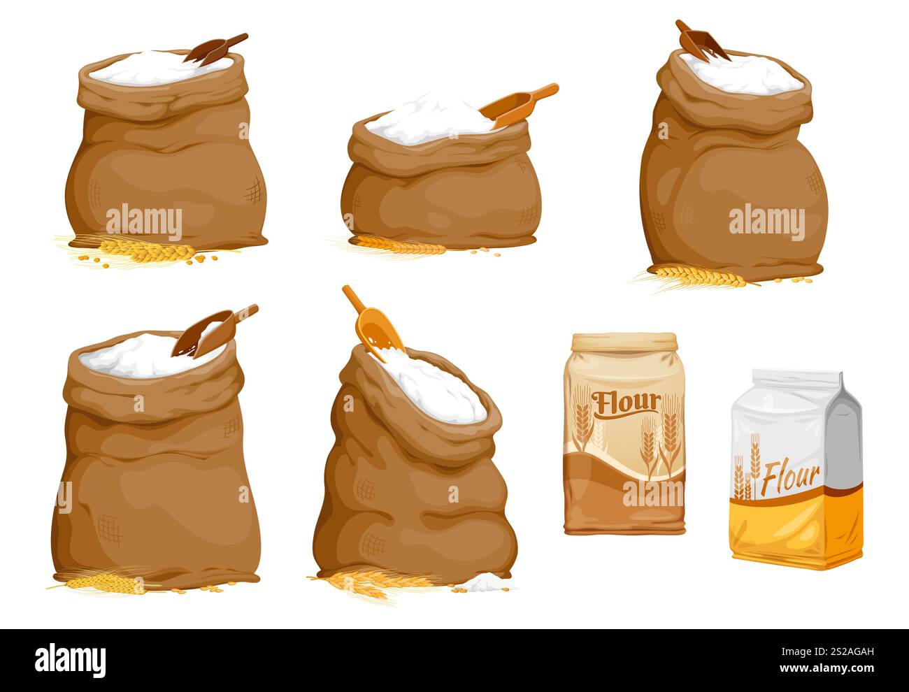 Flour bags, packets and sacks with wheat and rice grains, vector cereal ...