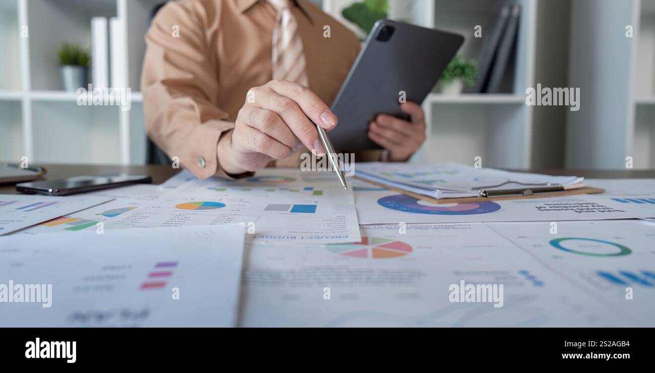 Business meeting action overview office environment digital reports ...