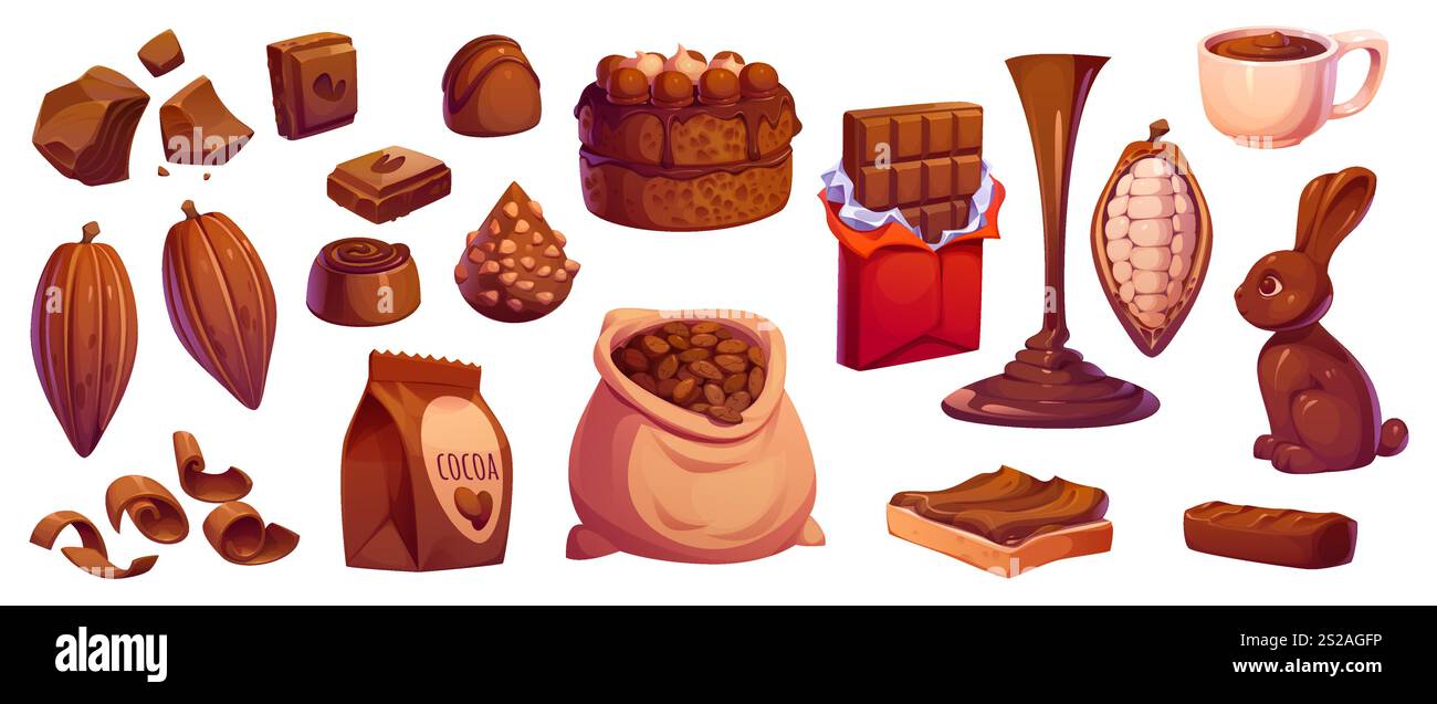 Cartoon chocolate and cocoa candies, bars and cake with cream, shavings ...