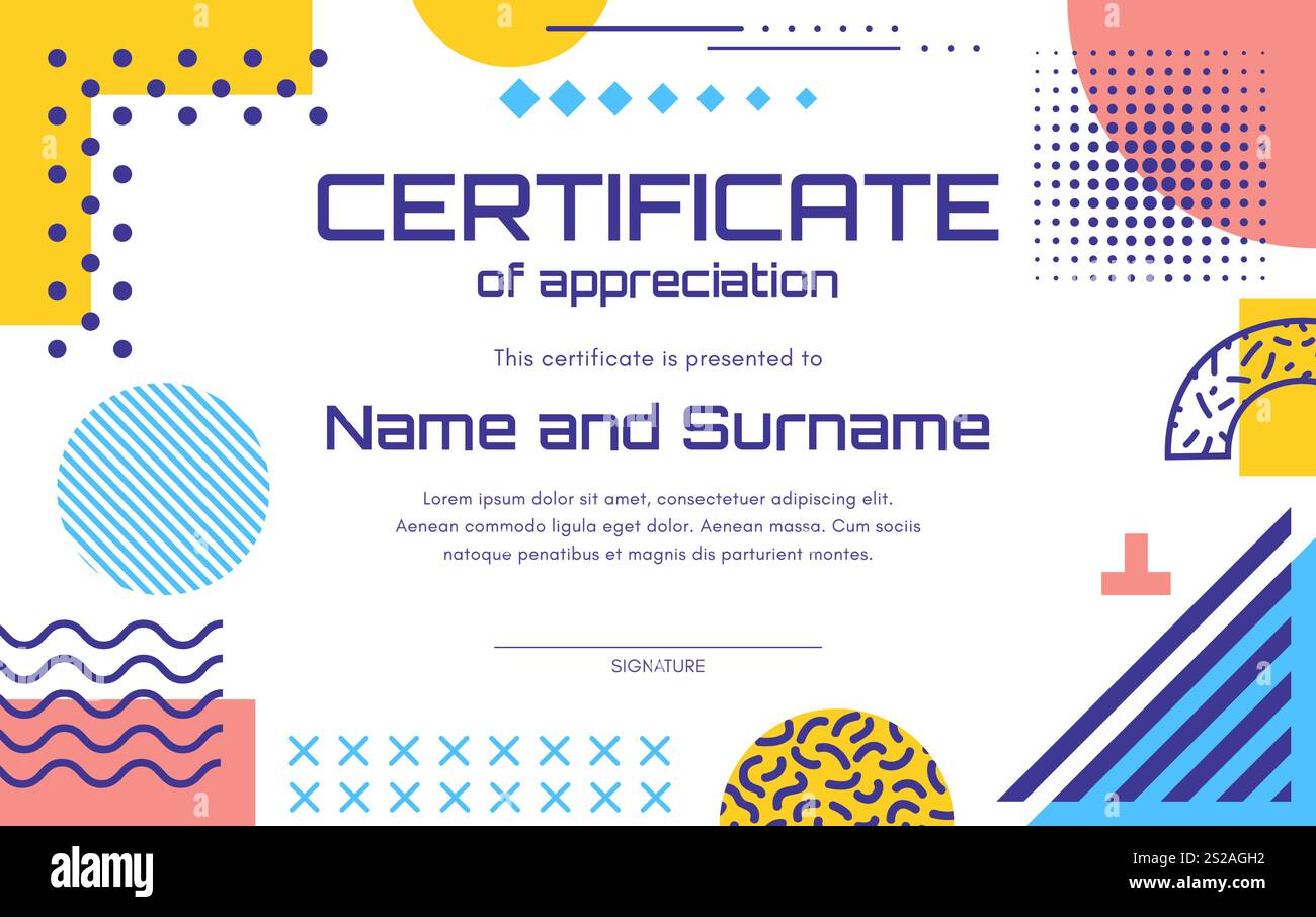 Diploma certificate template with geometric Memphis elements. Winning ...