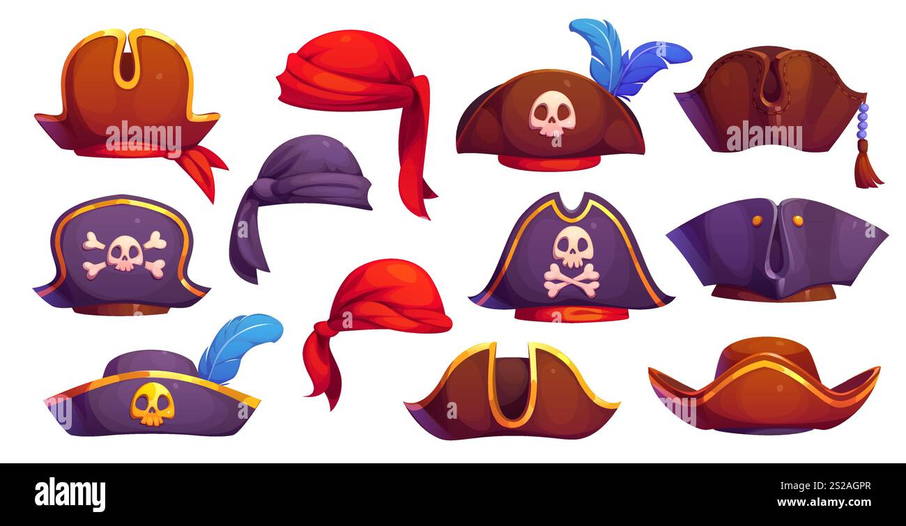 Cartoon pirate tricorn cocked hats and corsair bandanas of Caribbean sailors, vector icons ...
