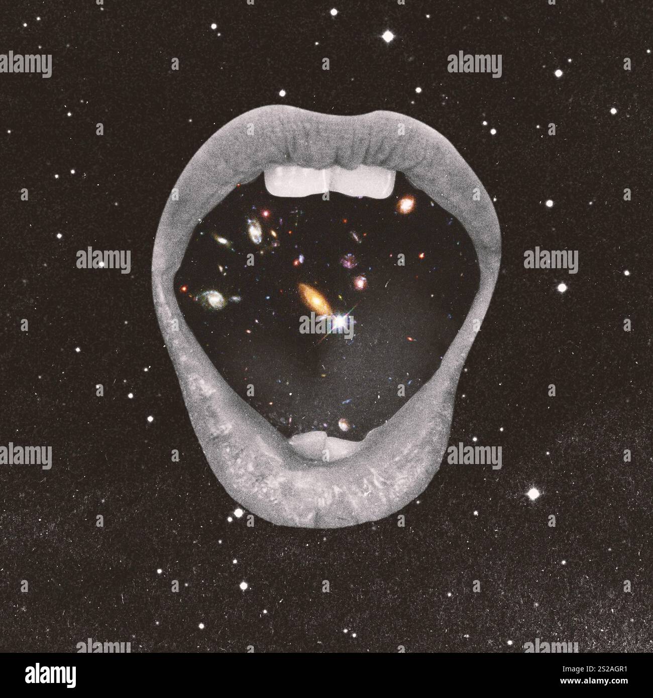 Abstract collage illustration of woman's open mouth with visible outer ...