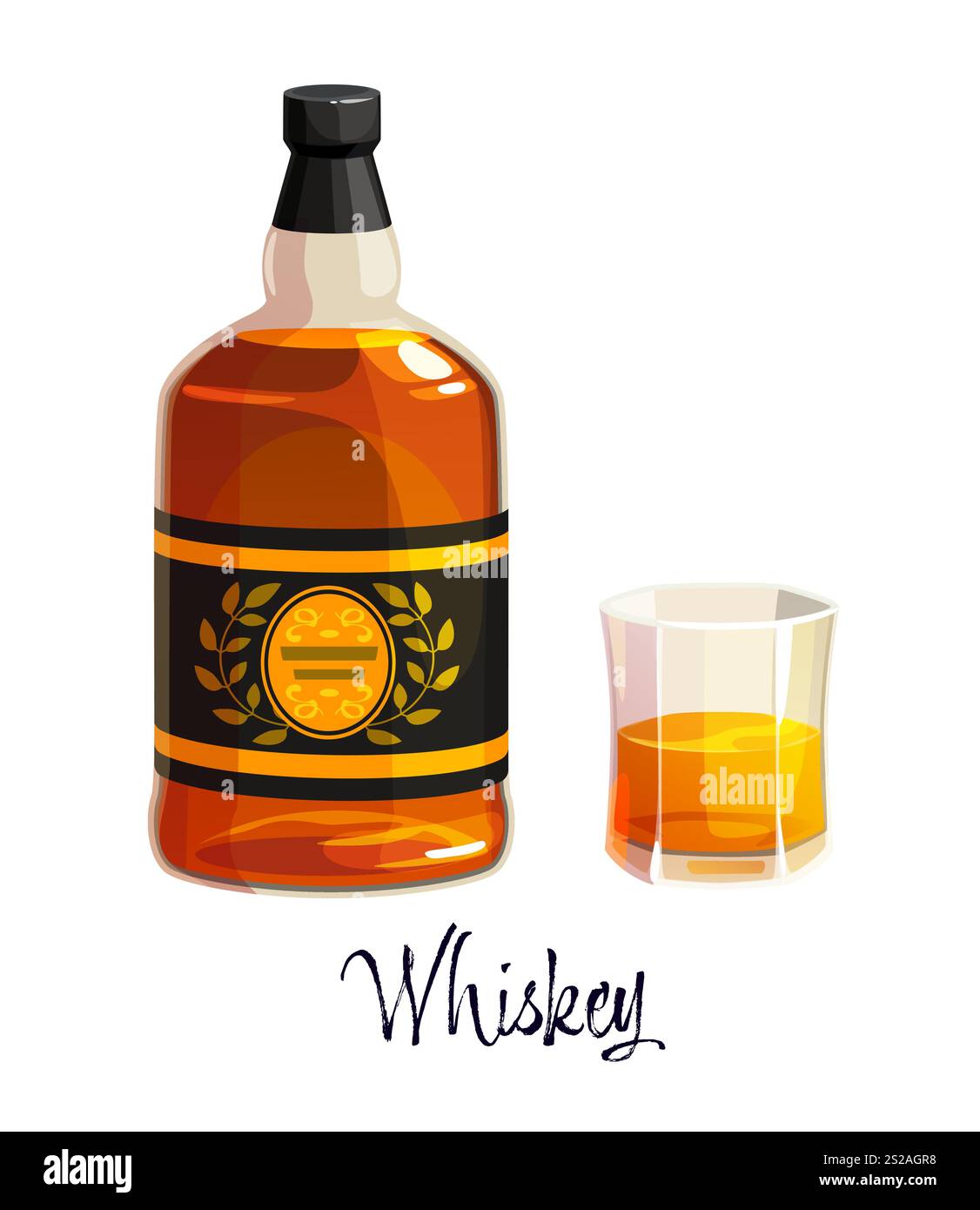 Whiskey alcohol bottle and glass, featuring rich amber tones and a ...