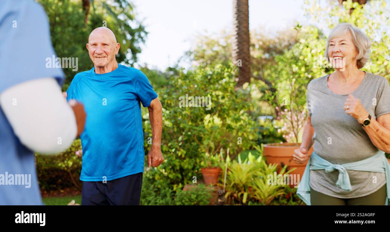 Physiotherapy, class and coaching with old people, nurse outdoor for ...