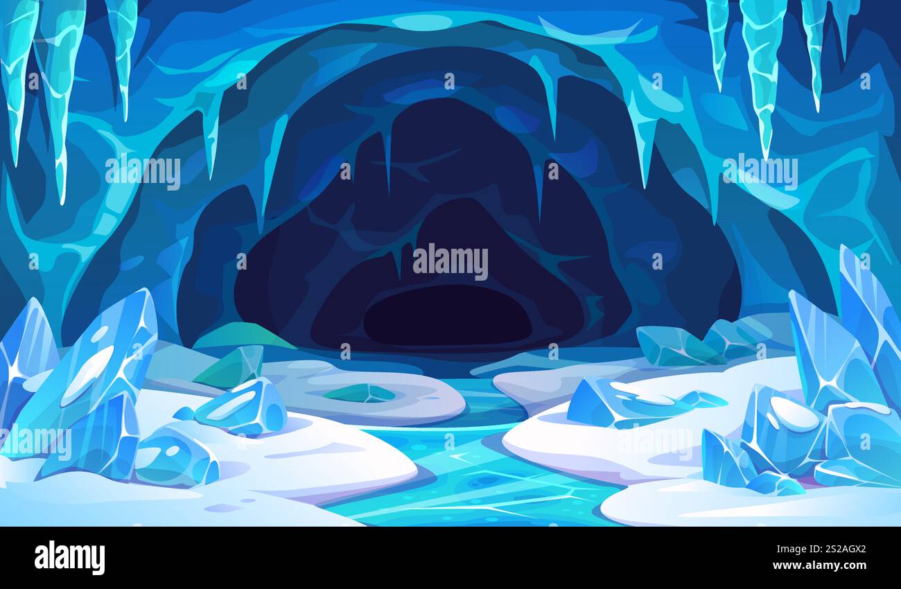 Ice cave landscape with snow vector background. Cartoon mountain winter ...