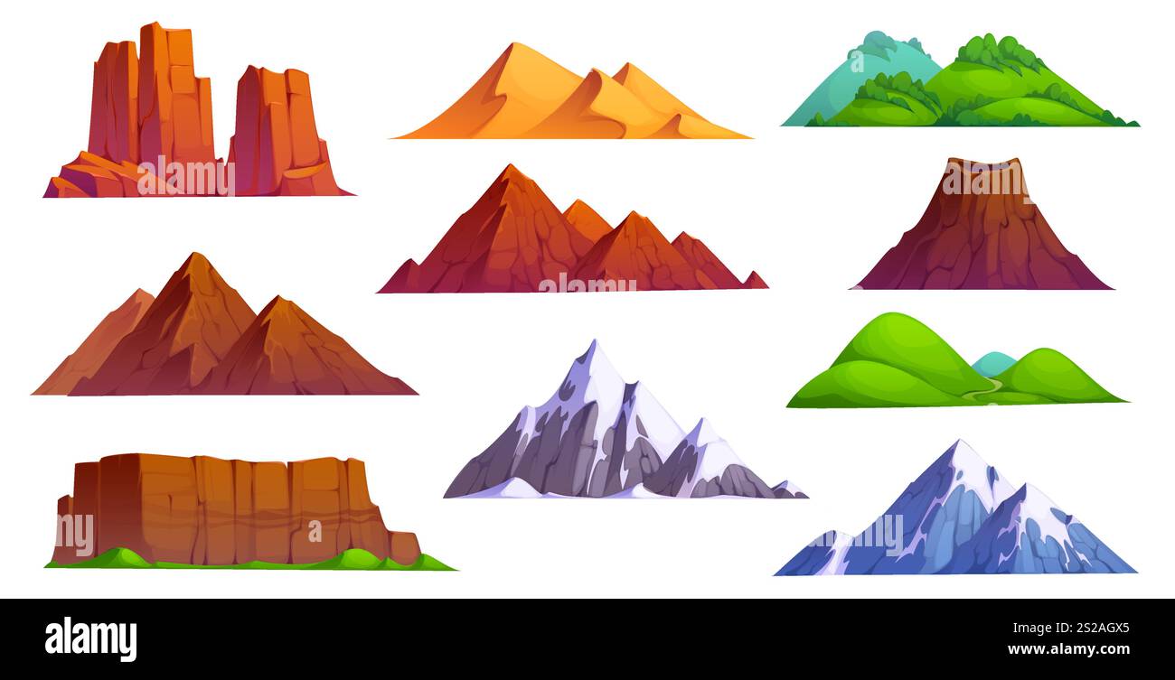 Cartoon mountains and hills, snow peaks and rocks, sand dunes and ...