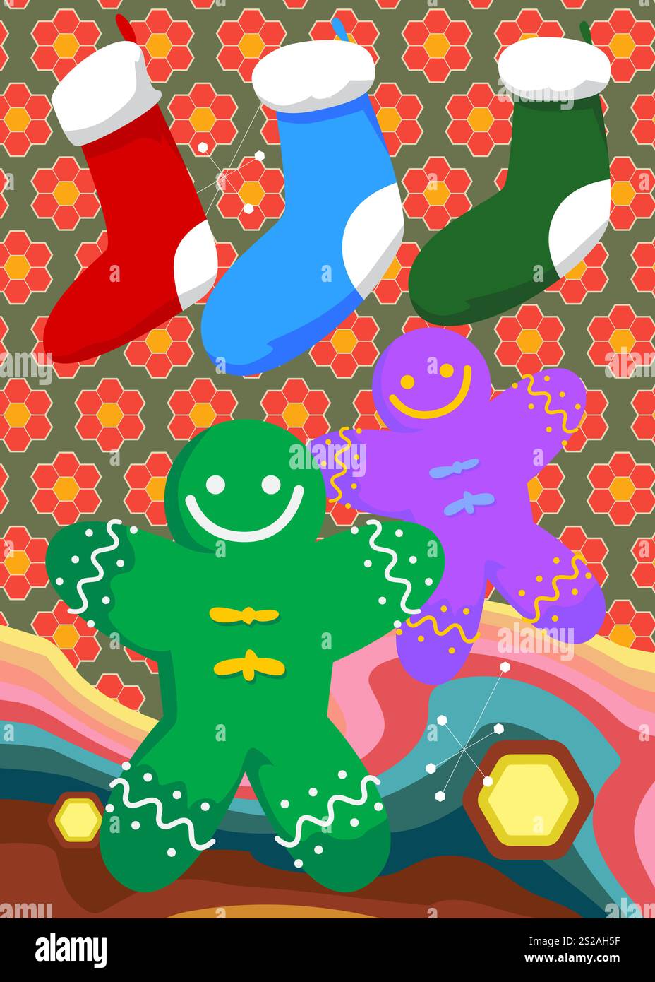 Retro 70s Background with Christmas stocking and Gingerbread Man Cookie ...