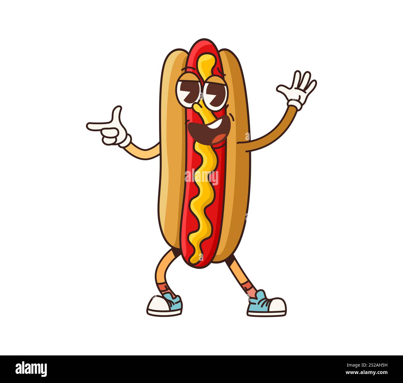Groovy fast food hot dog character. Isolated cartoon vector psychedelic ...