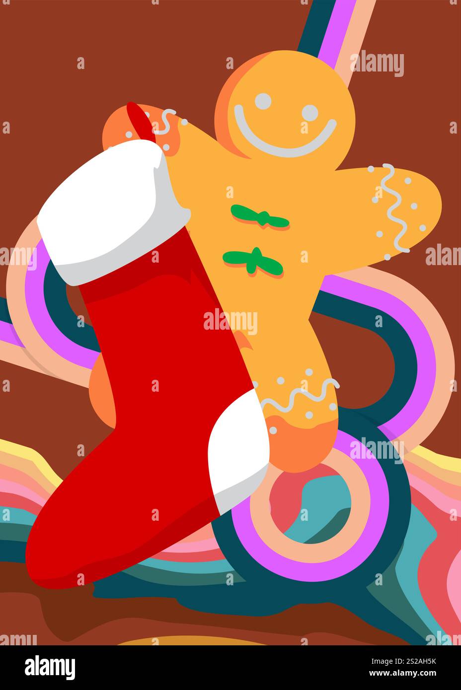 Retro 70s Background with Christmas stocking and Gingerbread Man Cookie ...