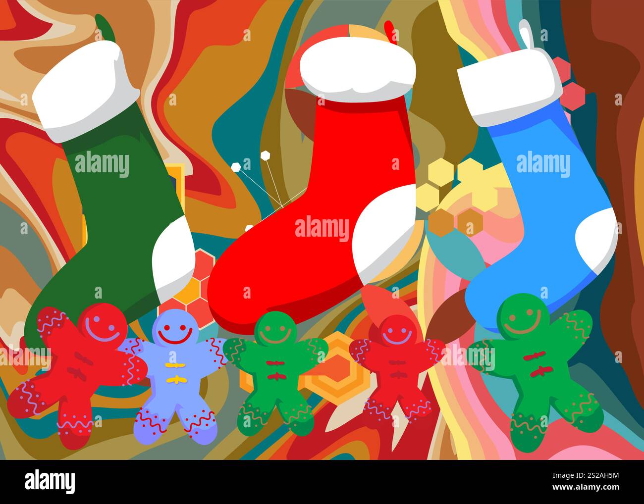 Retro 70s Background with Christmas stocking and Gingerbread Man Cookie ...