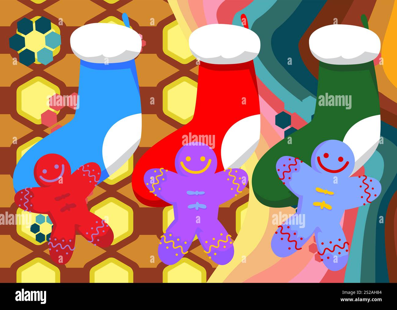 Retro 70s Background with Christmas stocking and Gingerbread Man Cookie ...