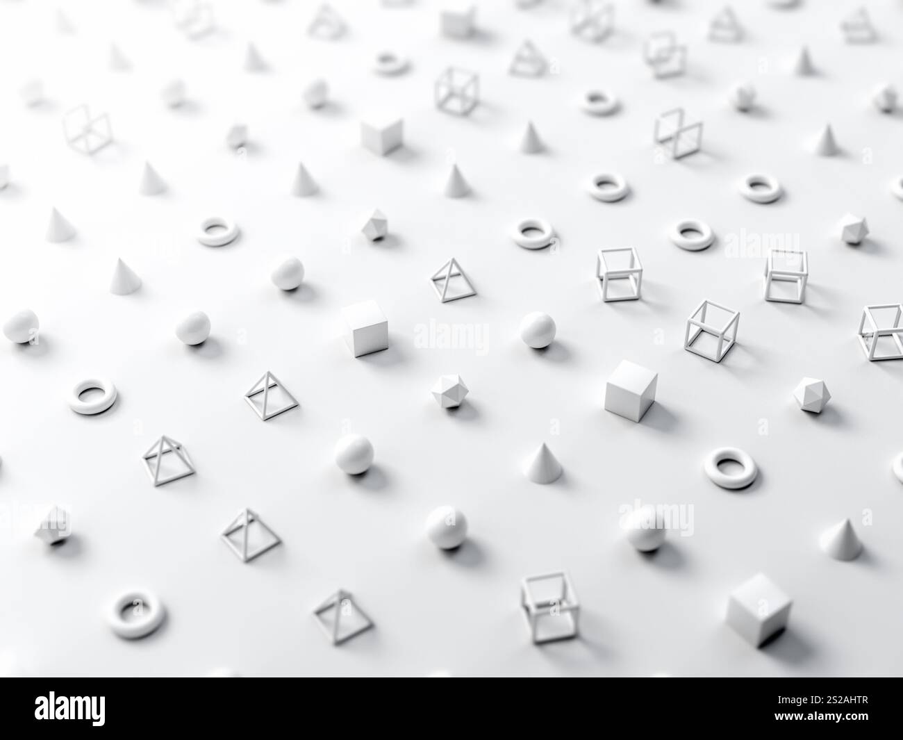 Abstract scene with spheres, cubes, pyramids and geometrical shapes on ...