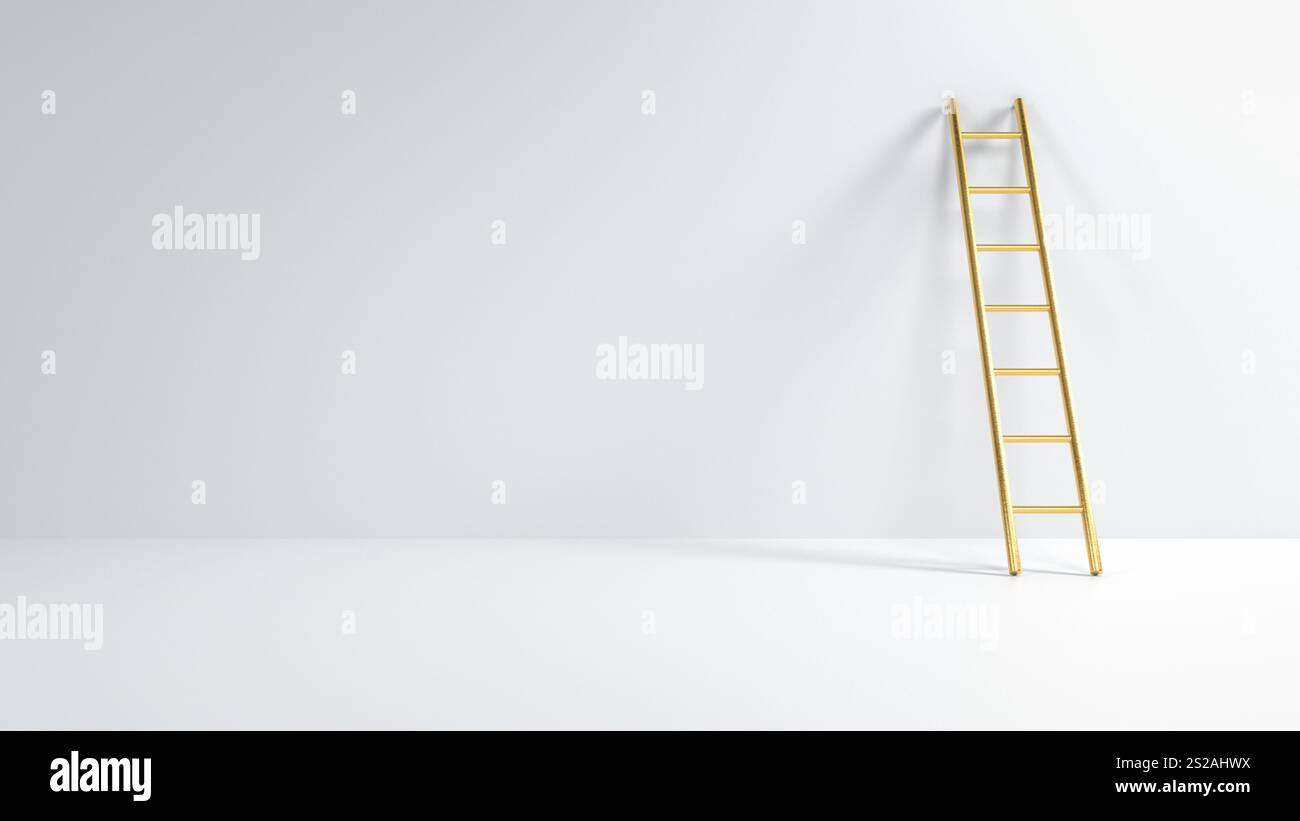 Golden stepladder leaning on white wall in empty room .Concept of ...