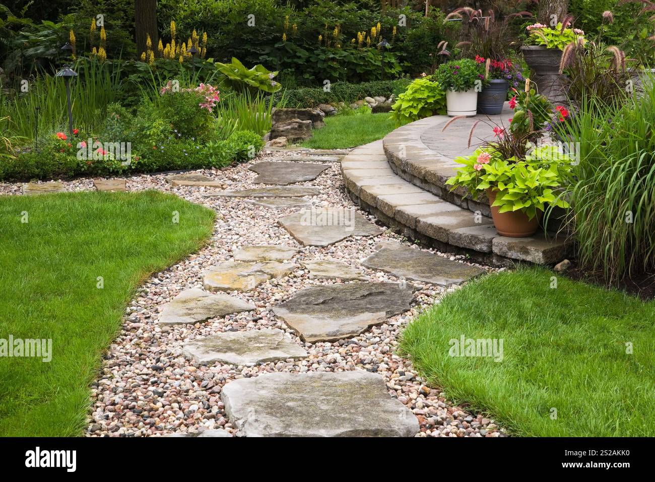 Flagstone and gravel path through manicured green grass lawn leading to ...