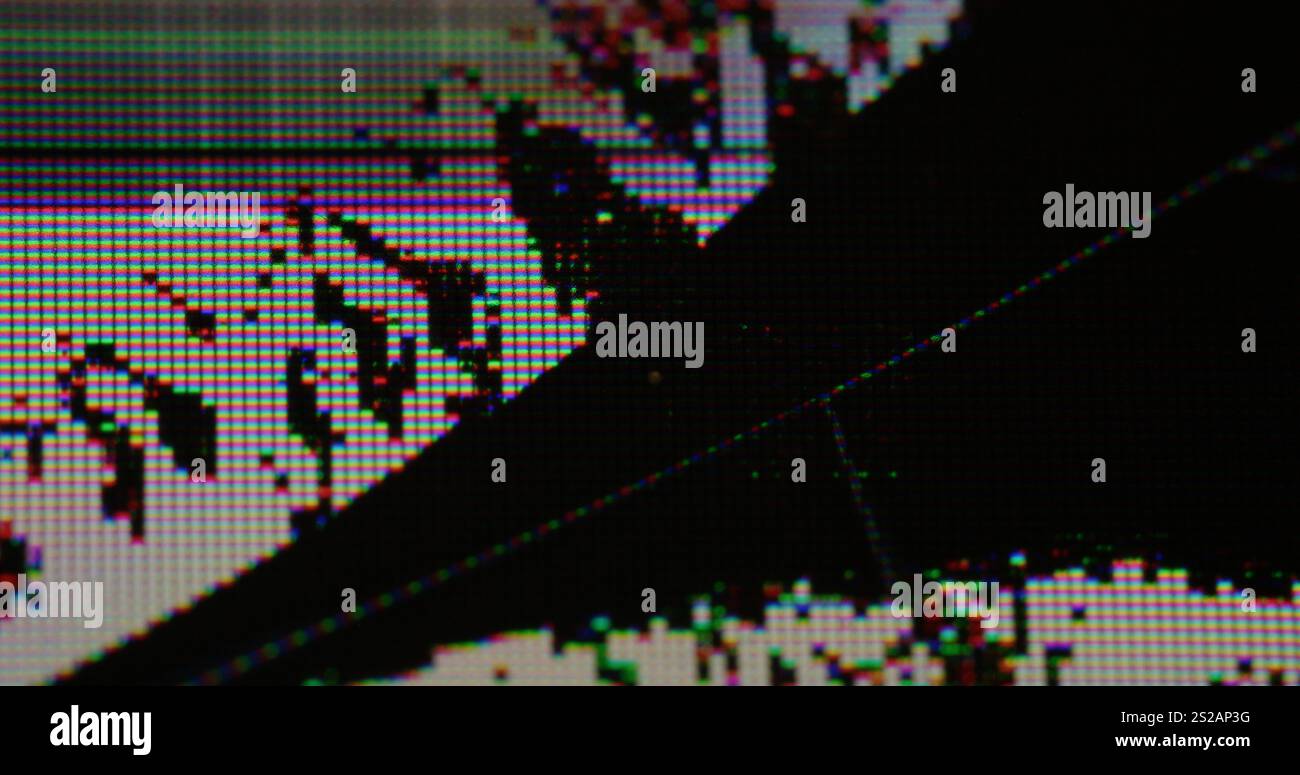 Broken display. Analog static. Grunge ink spills on grid LCD shimmering color surface. Screen ...