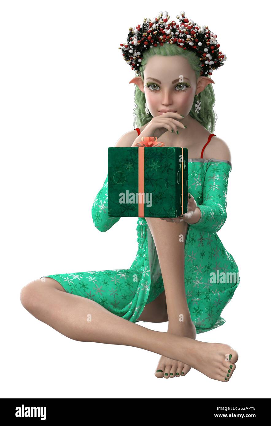 Charming 3D elf girl with green hair in festive dress, holding a ...