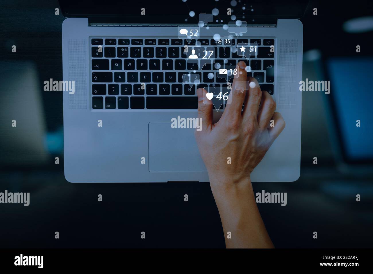 Social media and Marketing virtual icons screen concept.top view of ...