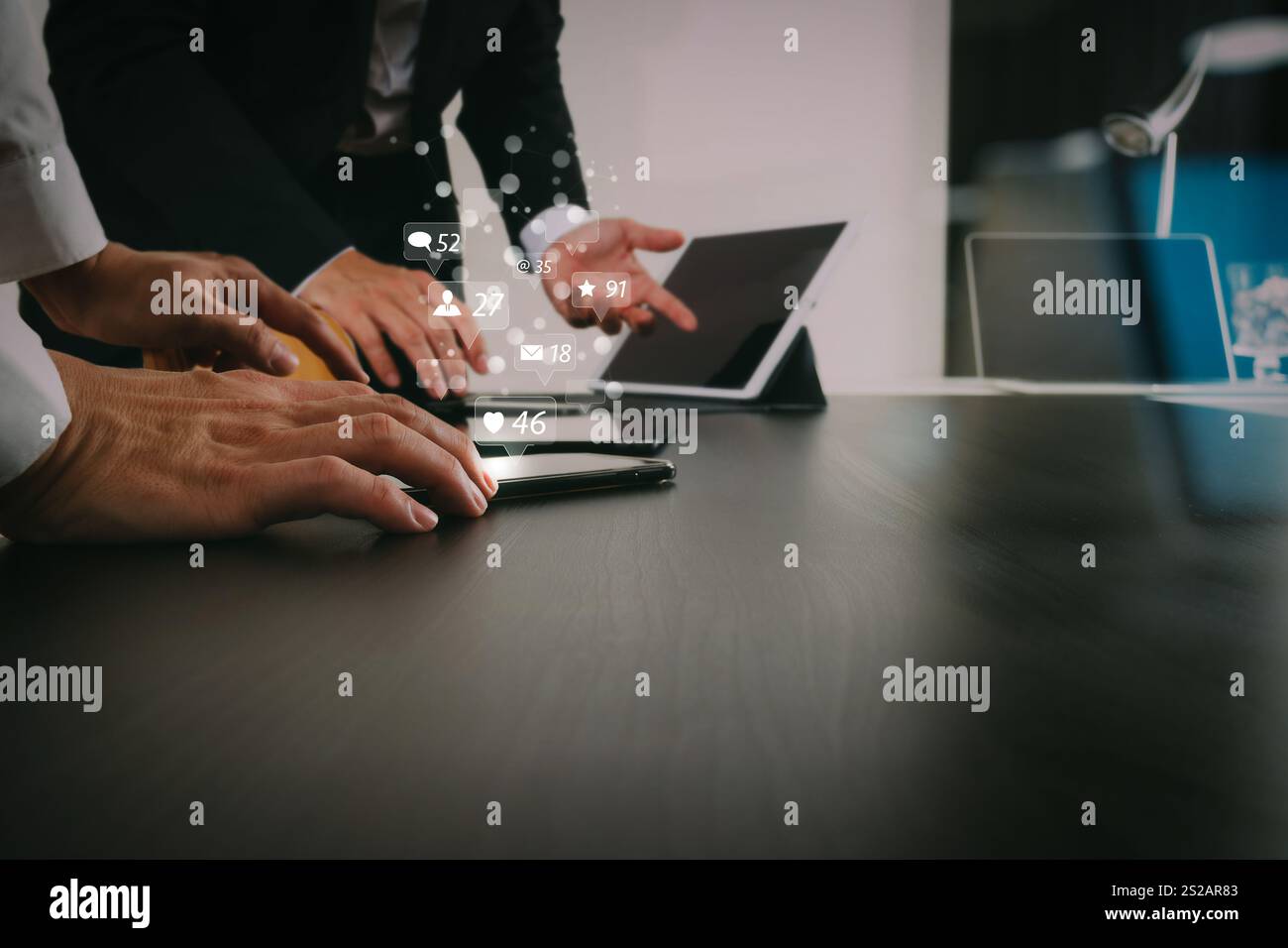 Social media and Marketing virtual icons screen concept.co working team ...