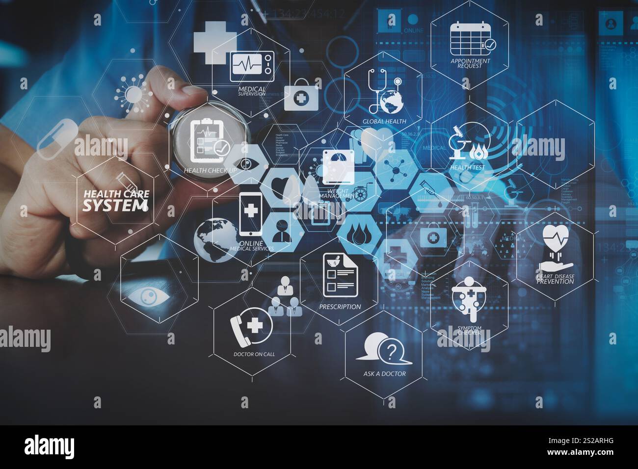 Health care system diagram with health check and symptom on VR ...