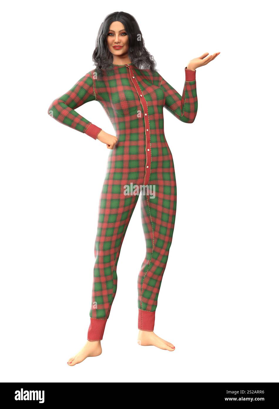 Festive 3D illustration of a woman in Christmas pajamas, exuding ...