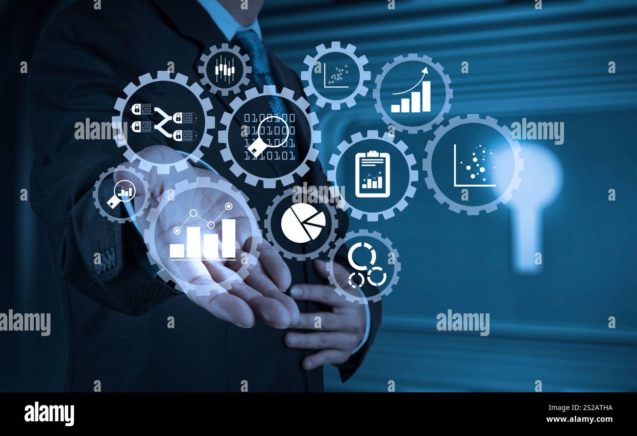 Business data analytics management with connected gear cogs with KPI ...