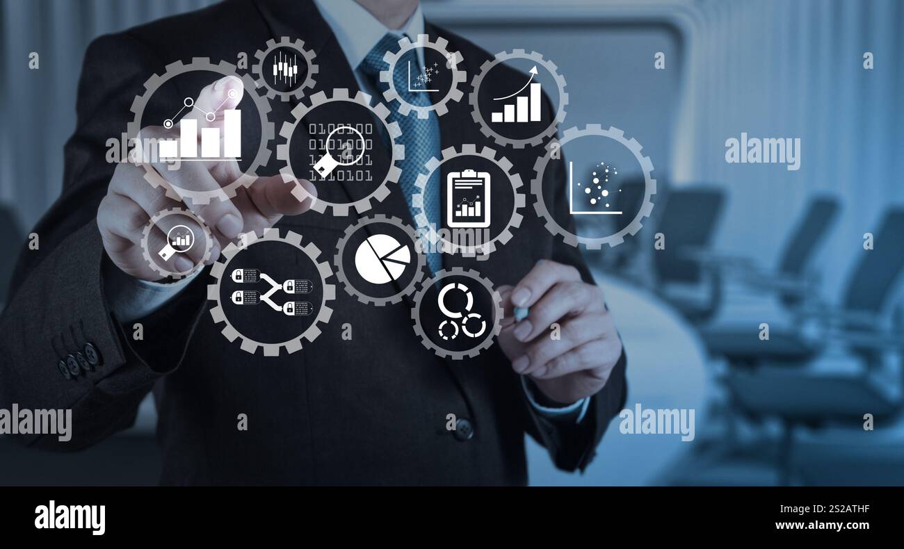 Business data analytics management with connected gear cogs with KPI ...