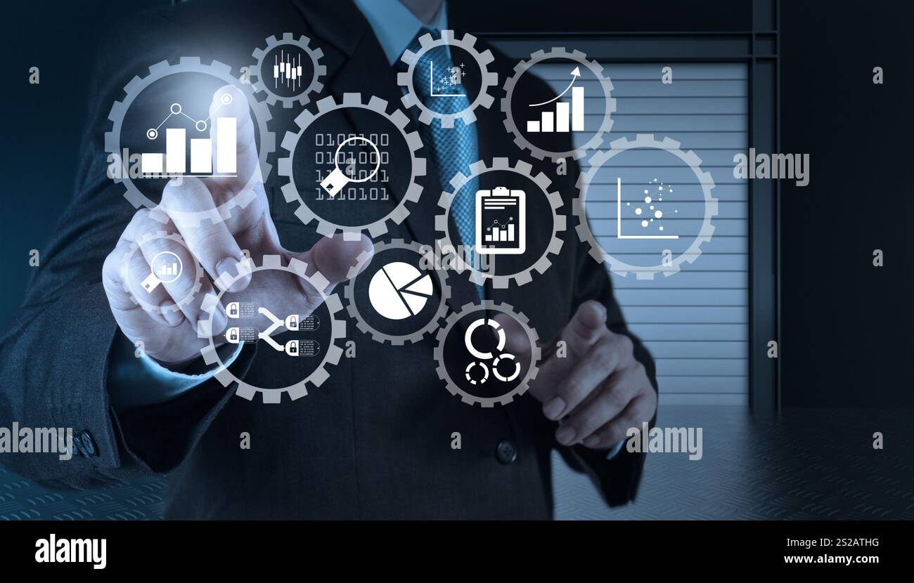 Business data analytics management with connected gear cogs with KPI financial charts and graph ...