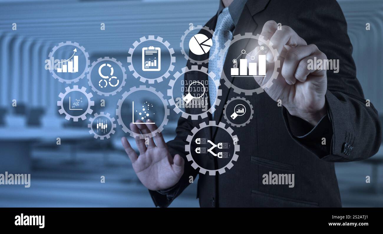Business data analytics management with connected gear cogs with KPI ...