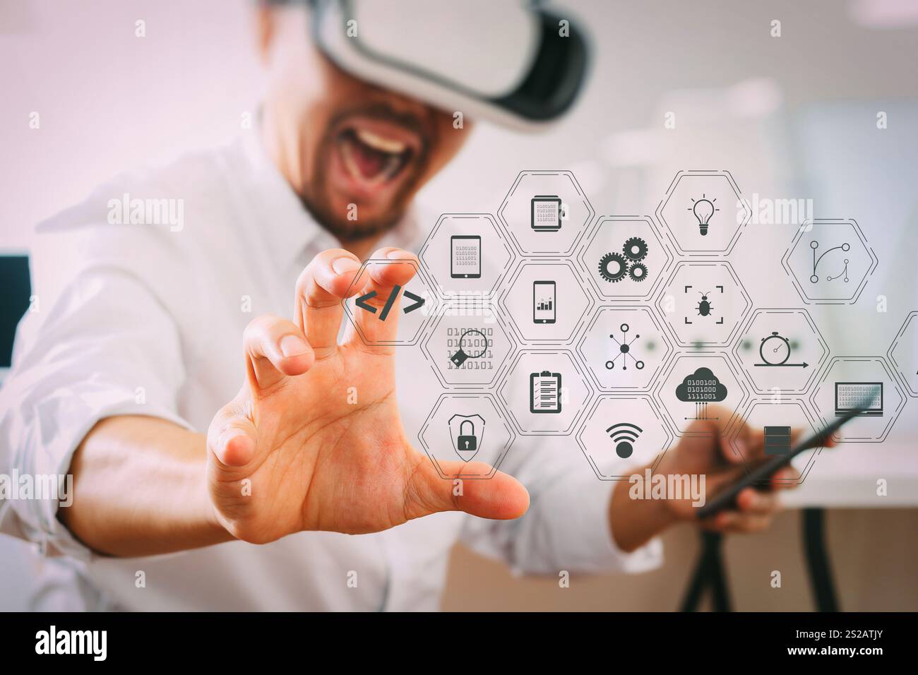 Coding software developer work with augmented reality dashboard ...