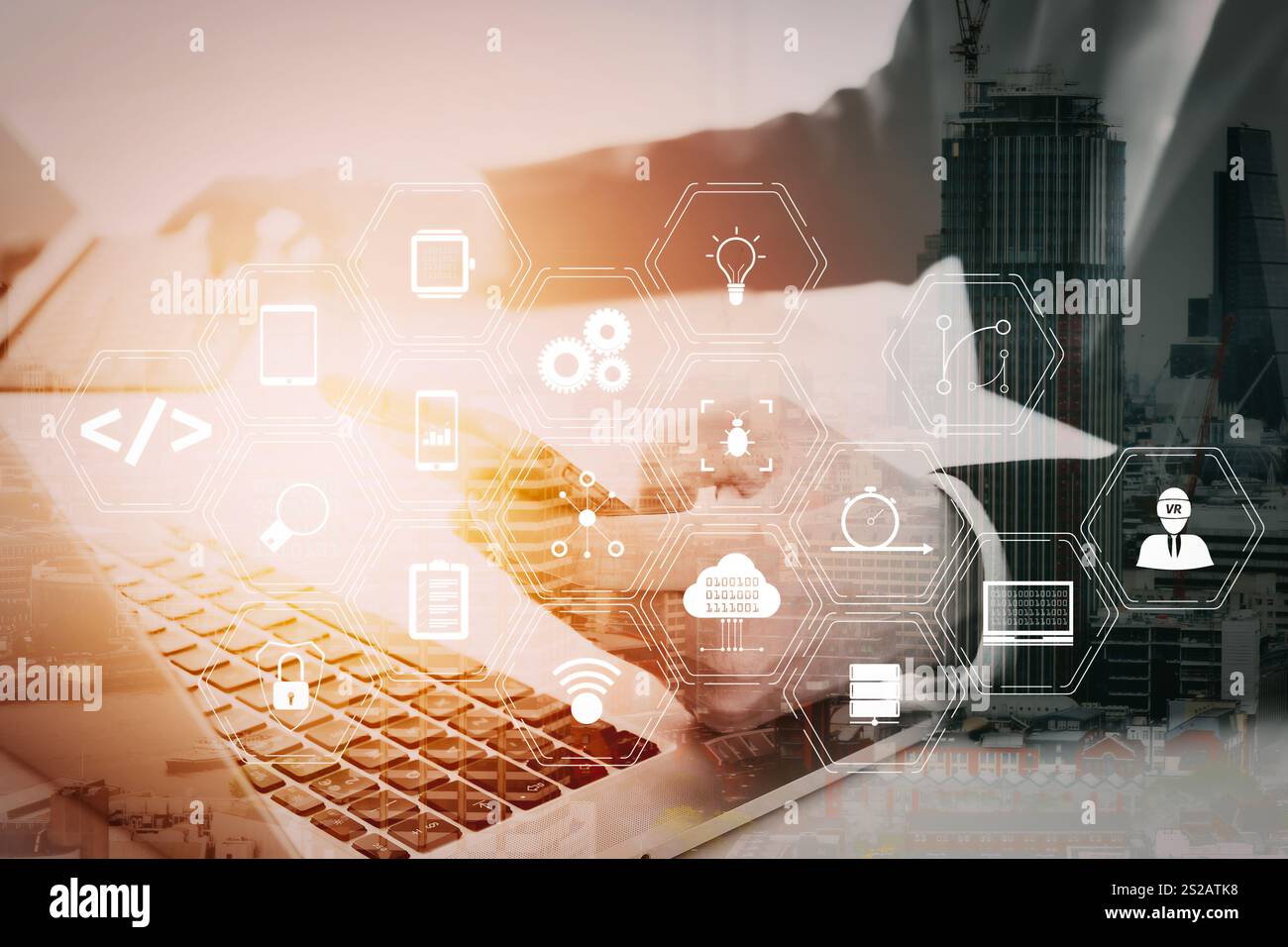 Coding software developer work with augmented reality dashboard computer icons of scrum agile ...