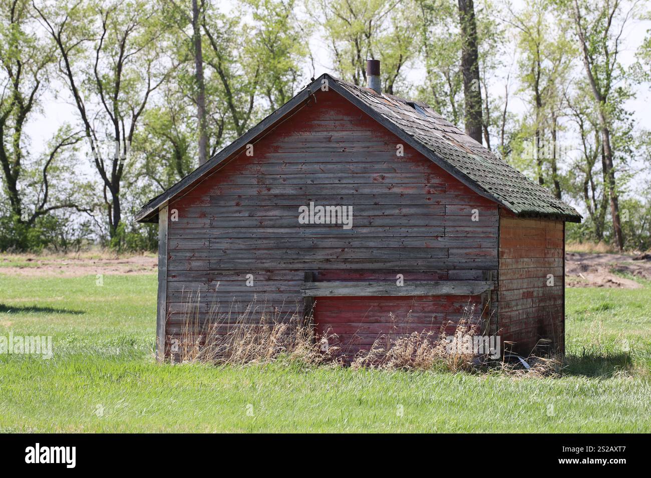 dilapidated abandoned wooden farm building with faded classic red paint ...