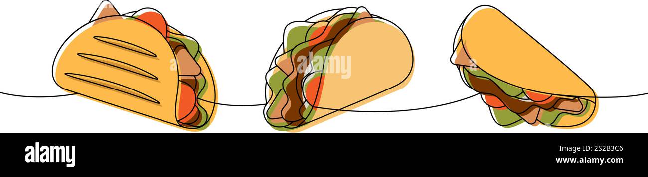 Beef tacos one line colored continuous drawing. Traditional Mexican ...