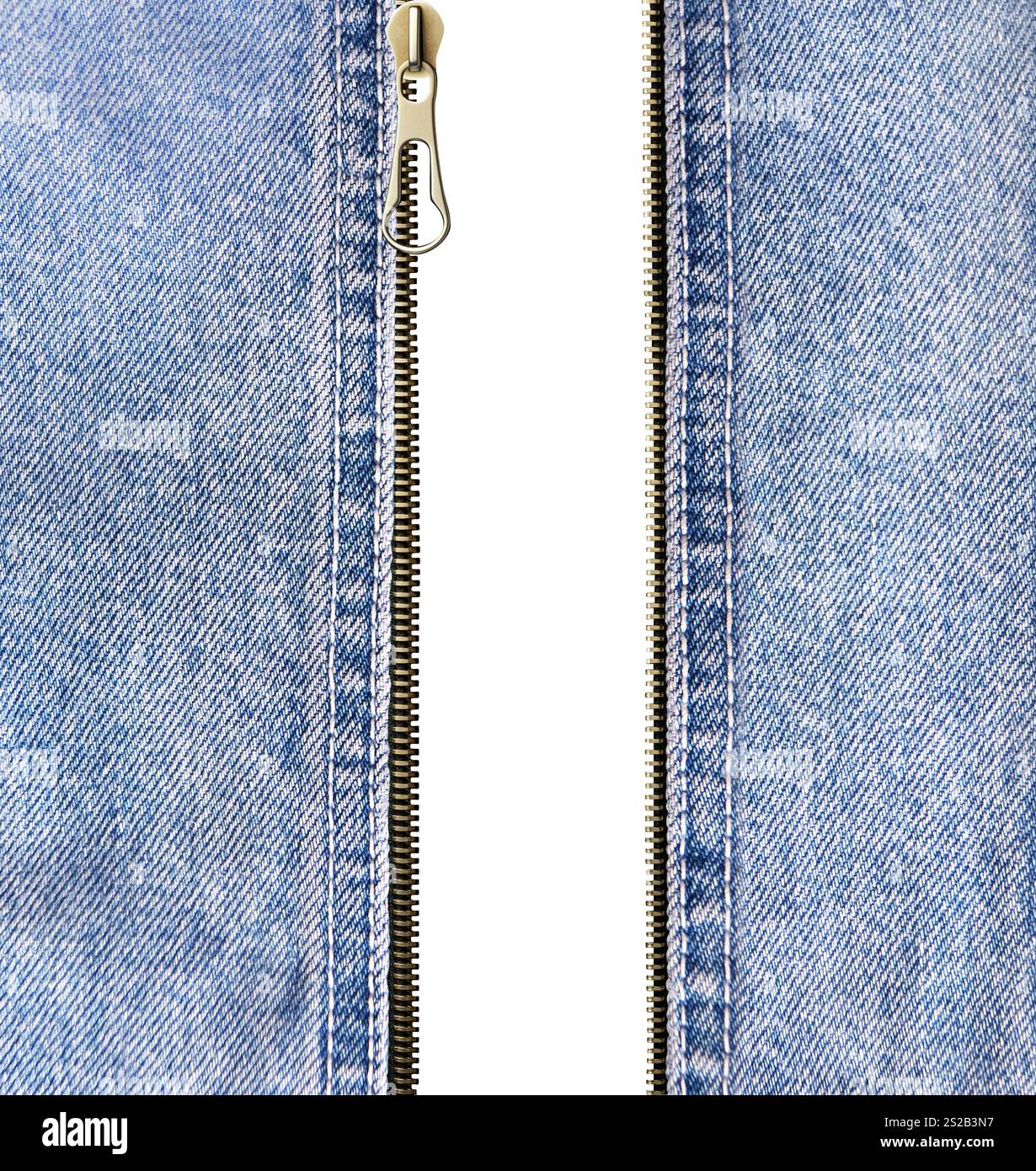 Denim zipper opened. Unzipped zipper or fastener. Open zip and denim ...