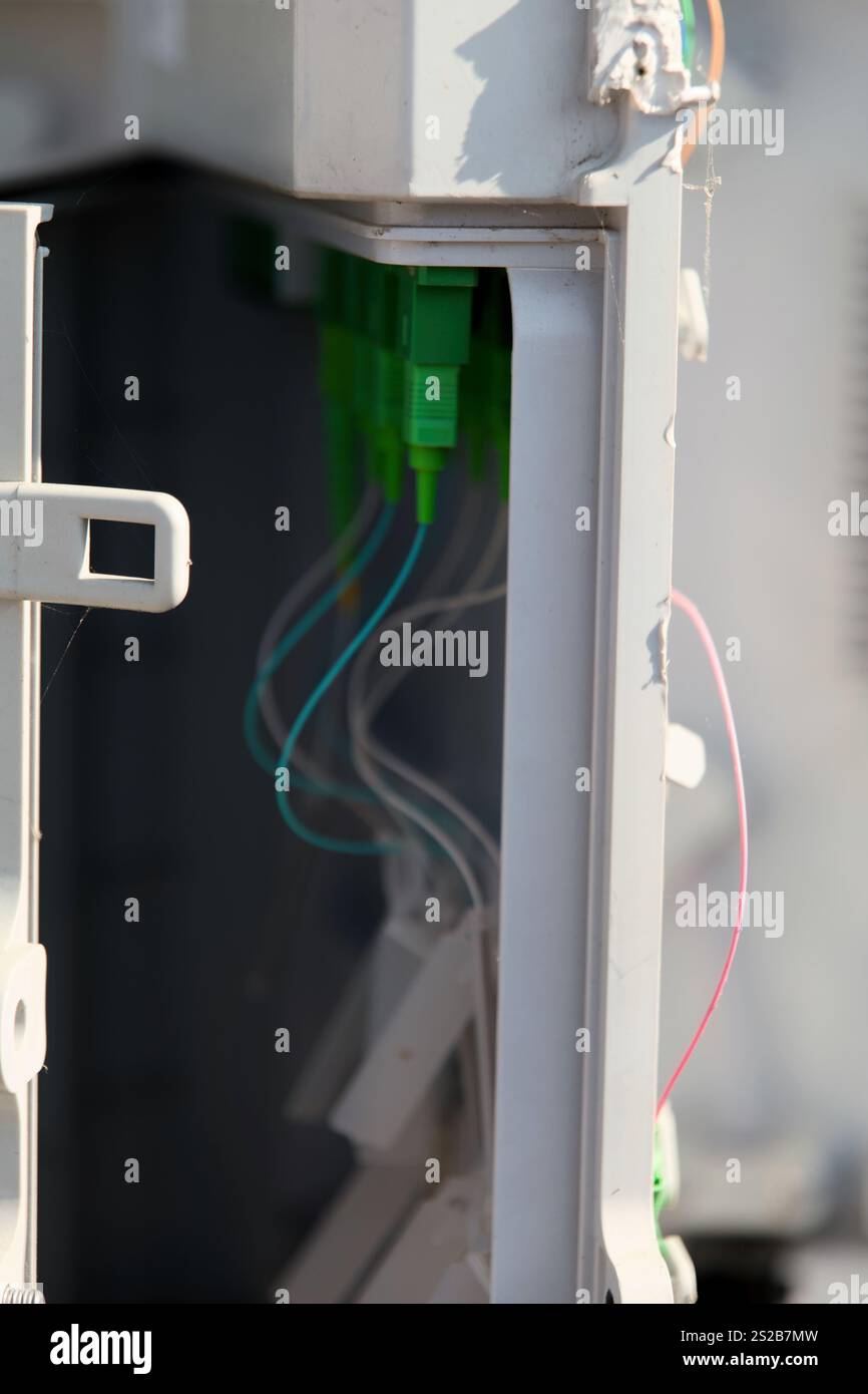 Interconnected wires in green and clear plastic casings are visible ...