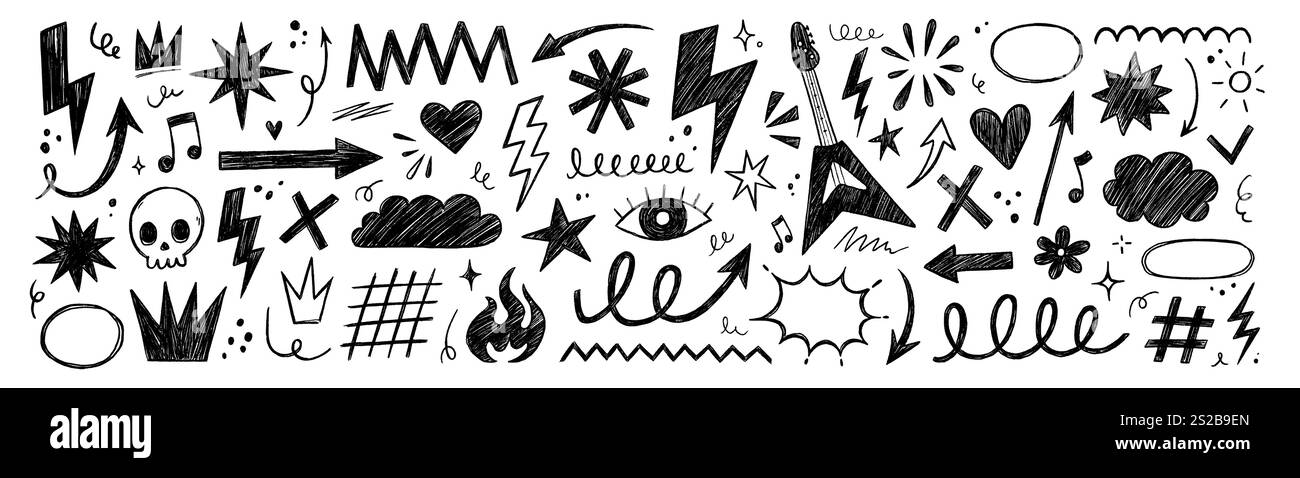 Hand drawn rock punk music star grunge tattoo doodle icon element set ...