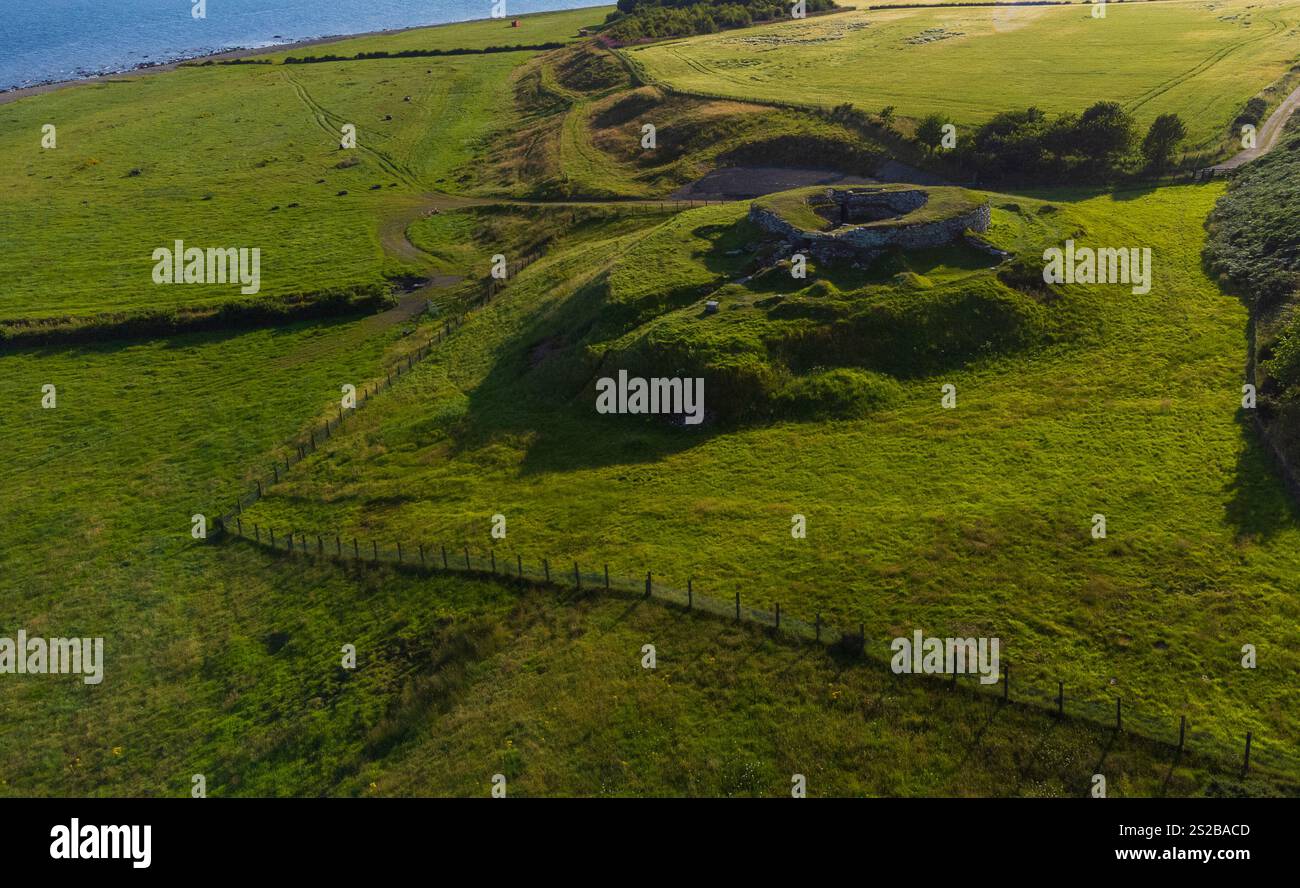 Aerial view of Carn Liath Broch near Golspie in Sutherland, Scotland ...